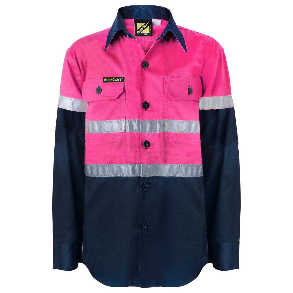 Workcraft Kids Lightweight Two Tone Long Sleeve Cotton Drill Shirt Wit