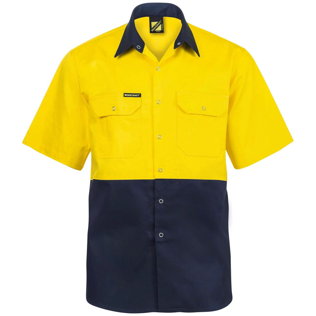 Workcraft Hi Vis Short Sleeve Cotton Drill Industrial Laundry Shirt Wi